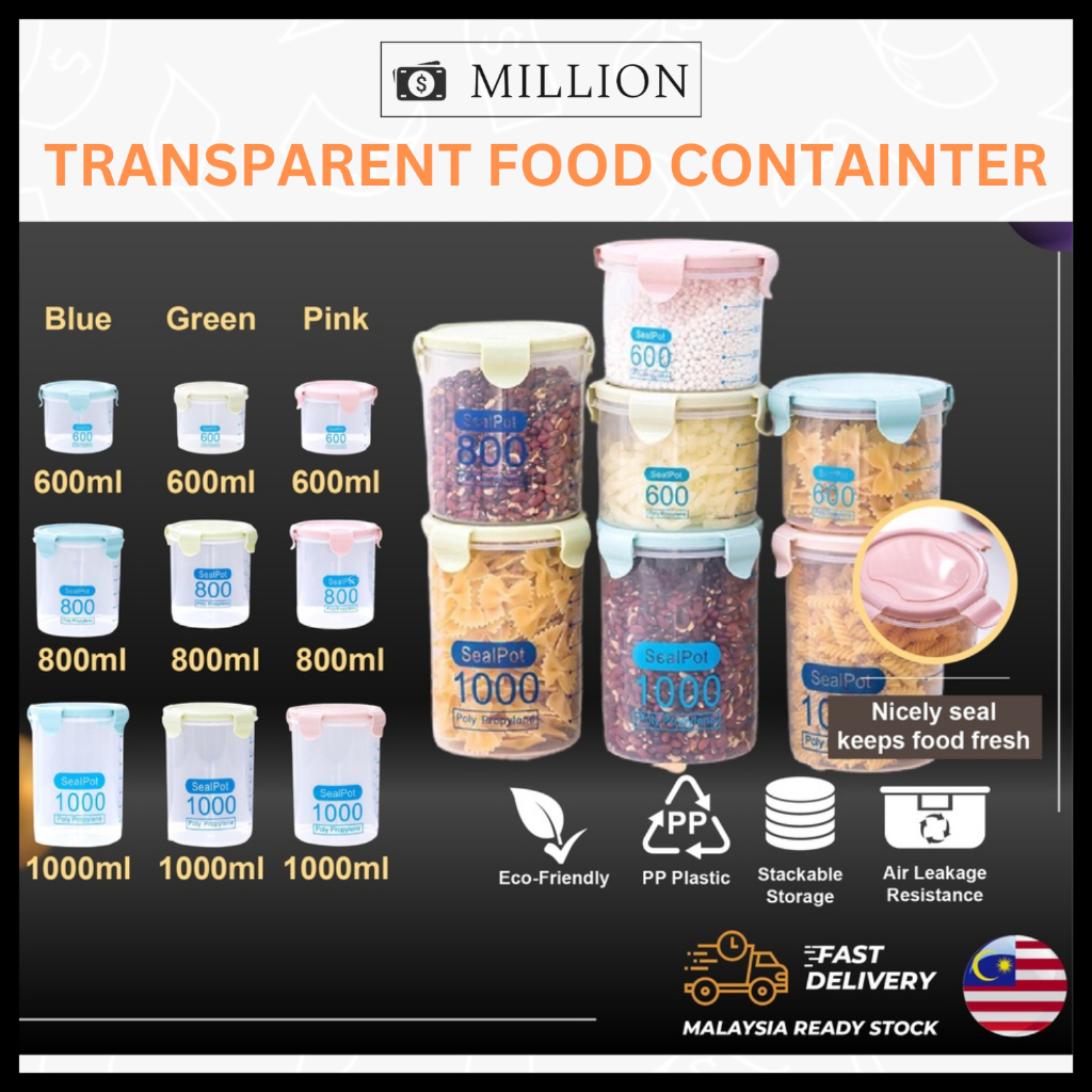 [MILLION] TRANSPARENT FOOD SEALED CONTAINERS Kitchen Food Beans Nuts Storage Box Airtight ...