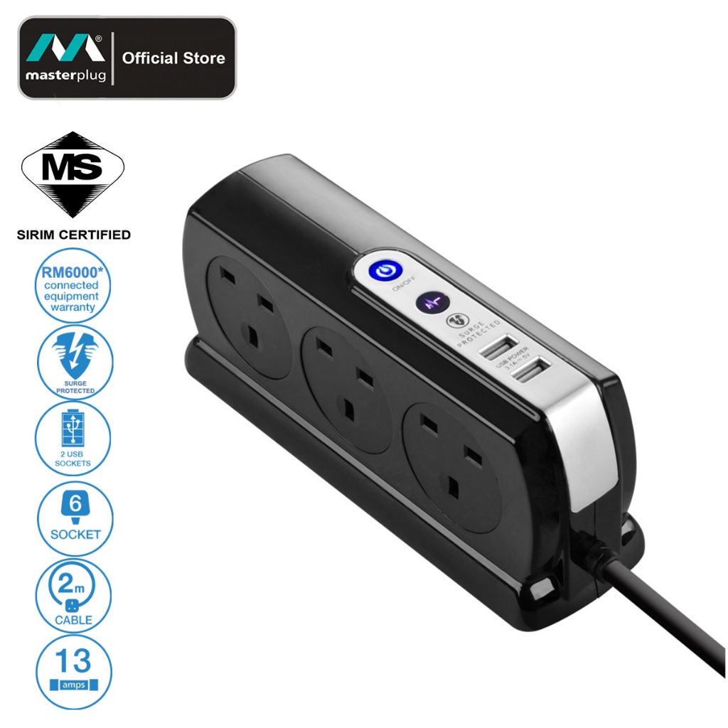 Masterplug Surge Protector 6 Gang 2 USB 3.1A 2 Meter Extension Leads ...