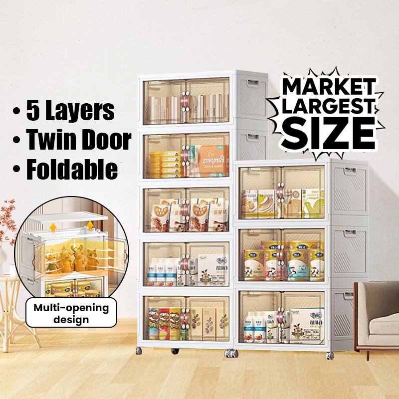 75cm Extra Large 5 Layers Twin Door Foldable Storage Box with Wheel ...