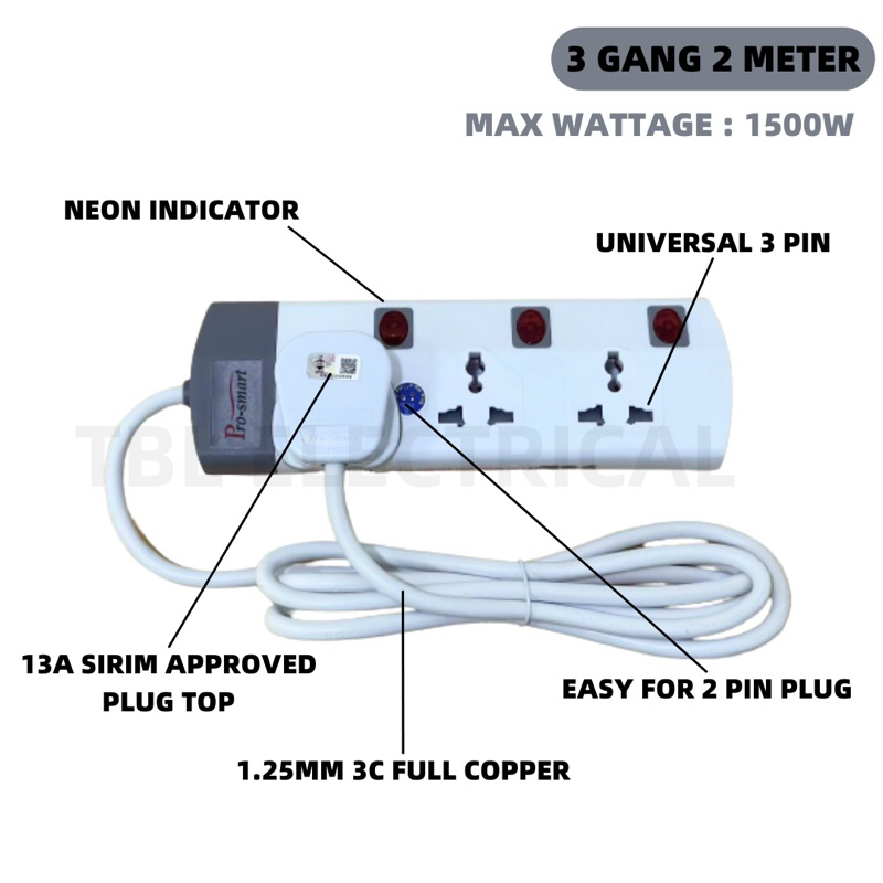 🔥SIRIM🔥Extension Plug 2/5 METER 2G,3G,4G,5G Trailing Socket 1.25MM X 3C Wire Extension Socket C ...