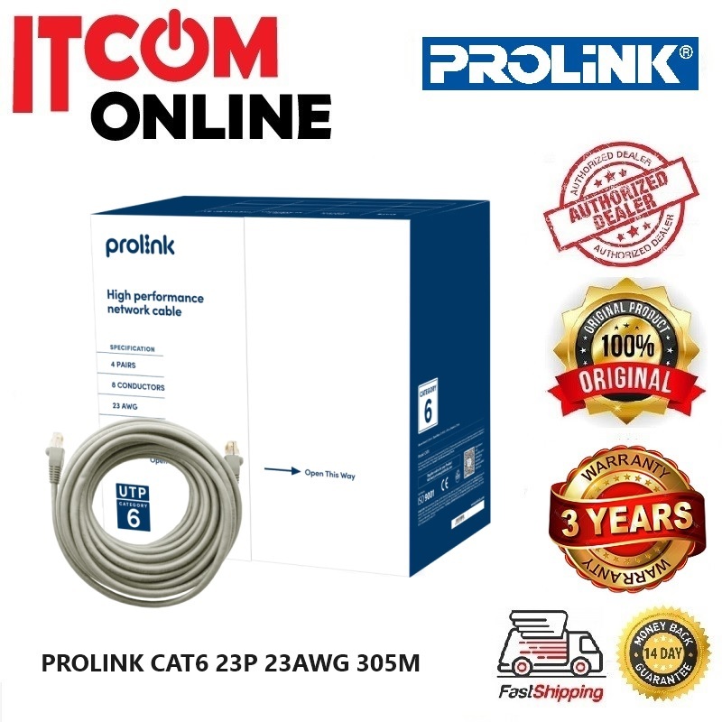 PROLINK 23E 23P CAT6 23AWG UTP NETWORK CABLE 305M 1BOX GREY | Shopee ...