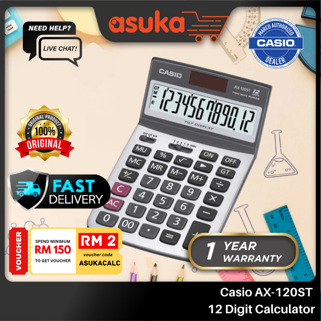 [Adjustable Tilt Display] Casio AX-120ST 12 Digit Calculator Original / Percentage / Mark-up ...