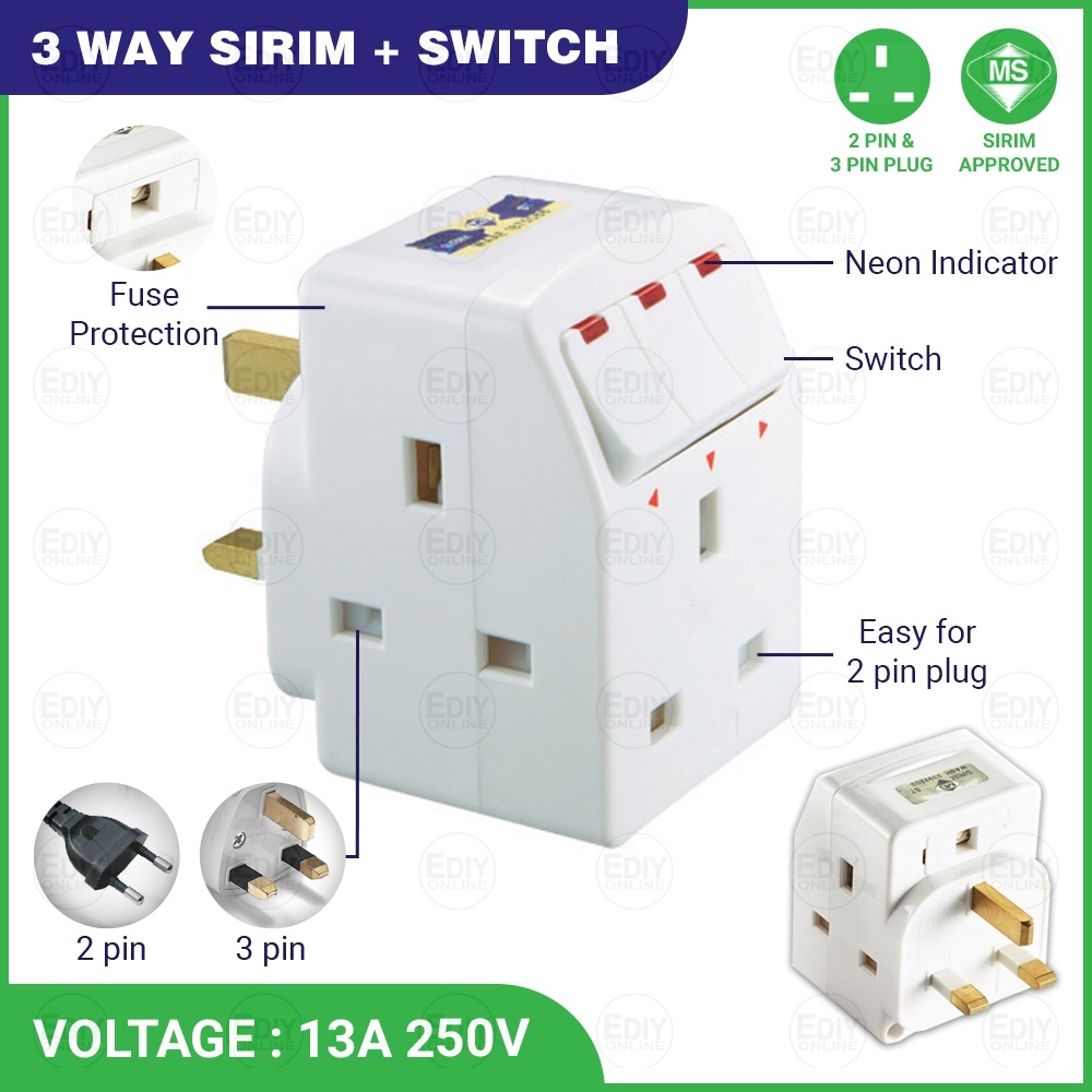 3 Way Adaptor Adapter Adaport MYHome With Multiple Neon Switch Safety ...