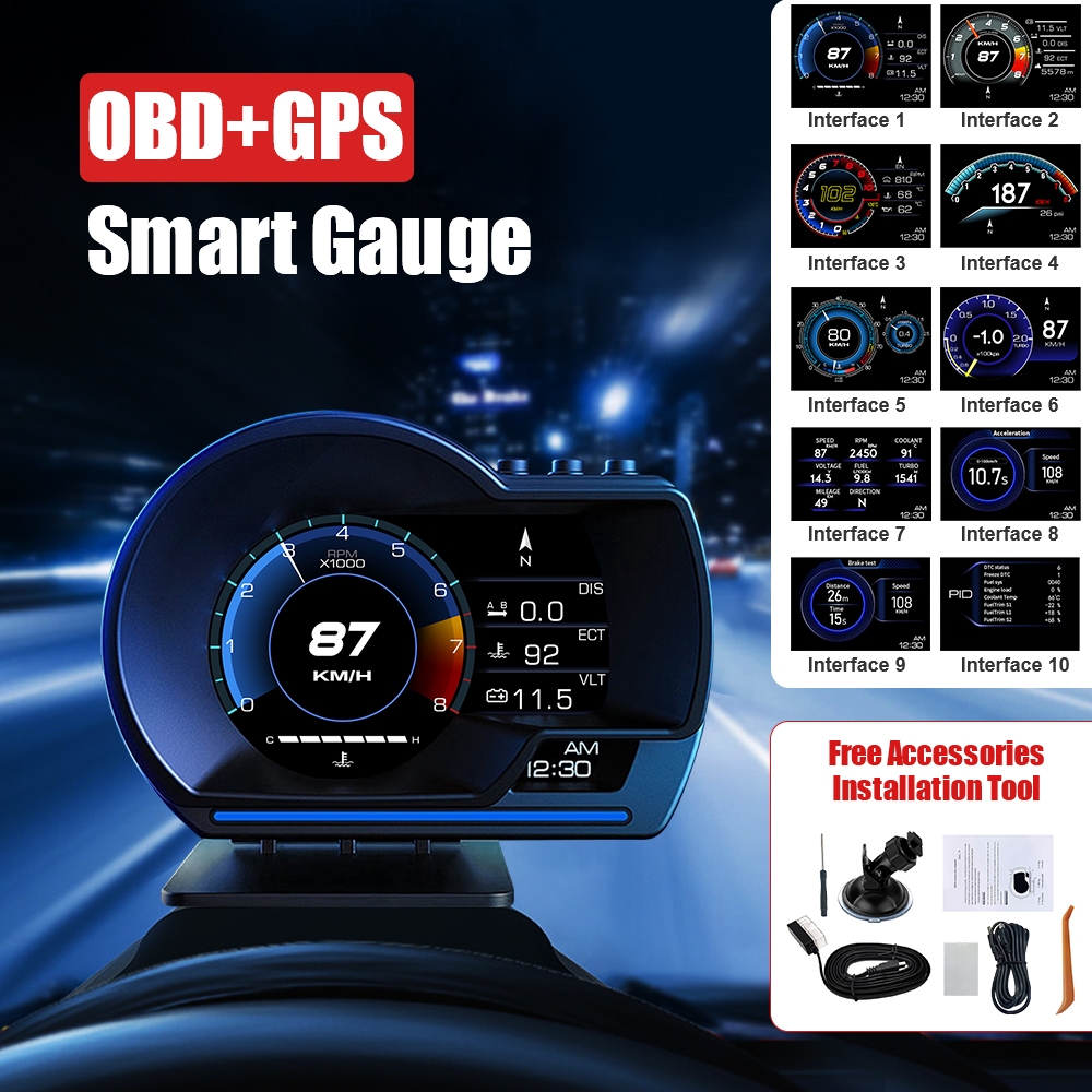 NEW 100% HUD OBD2 GAUGE OBD meter kancil petak P6 OBD2+GPS Dual System ...
