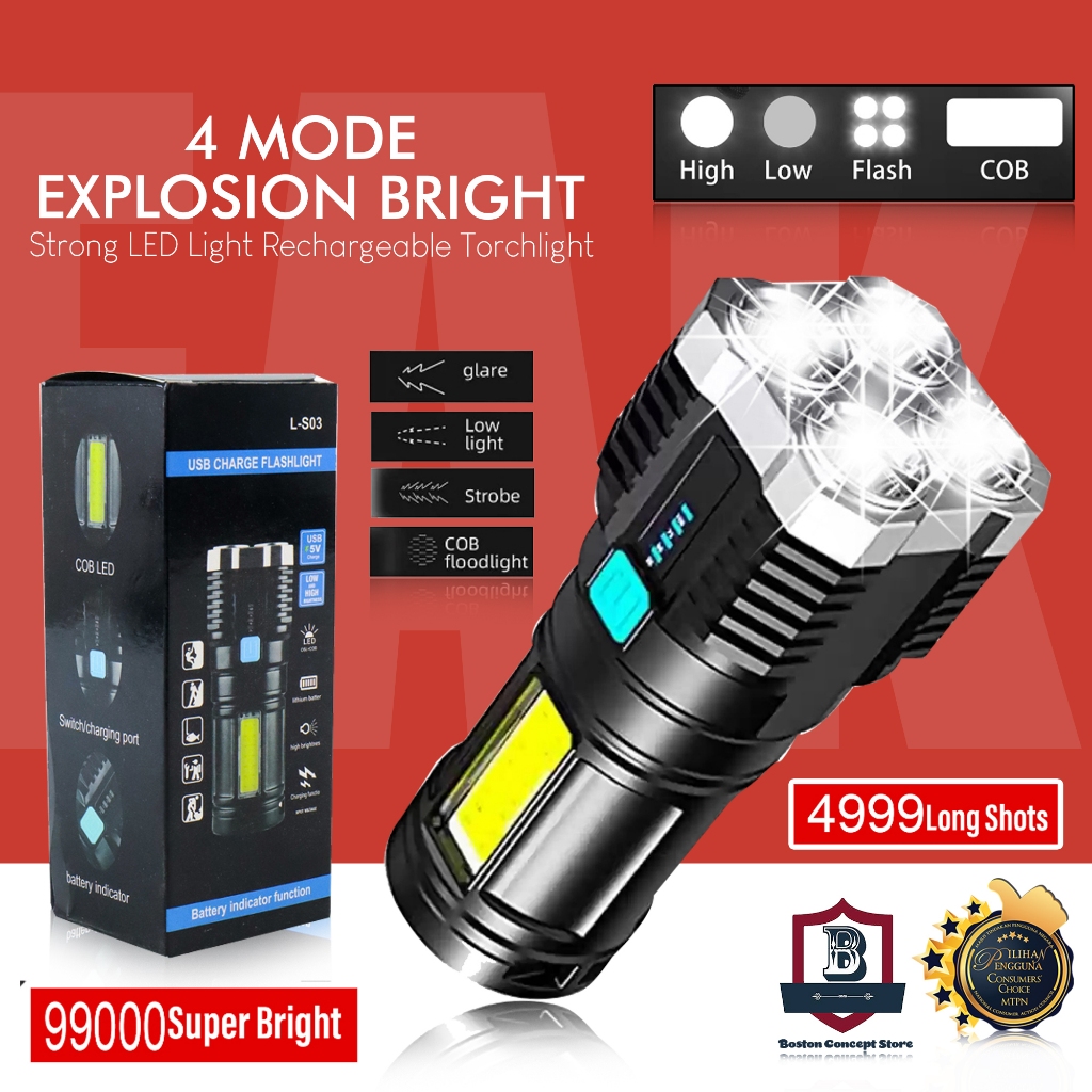 L S03 Super Bright Usb Flashlight 4 Core 4 Modes Strong Led Light