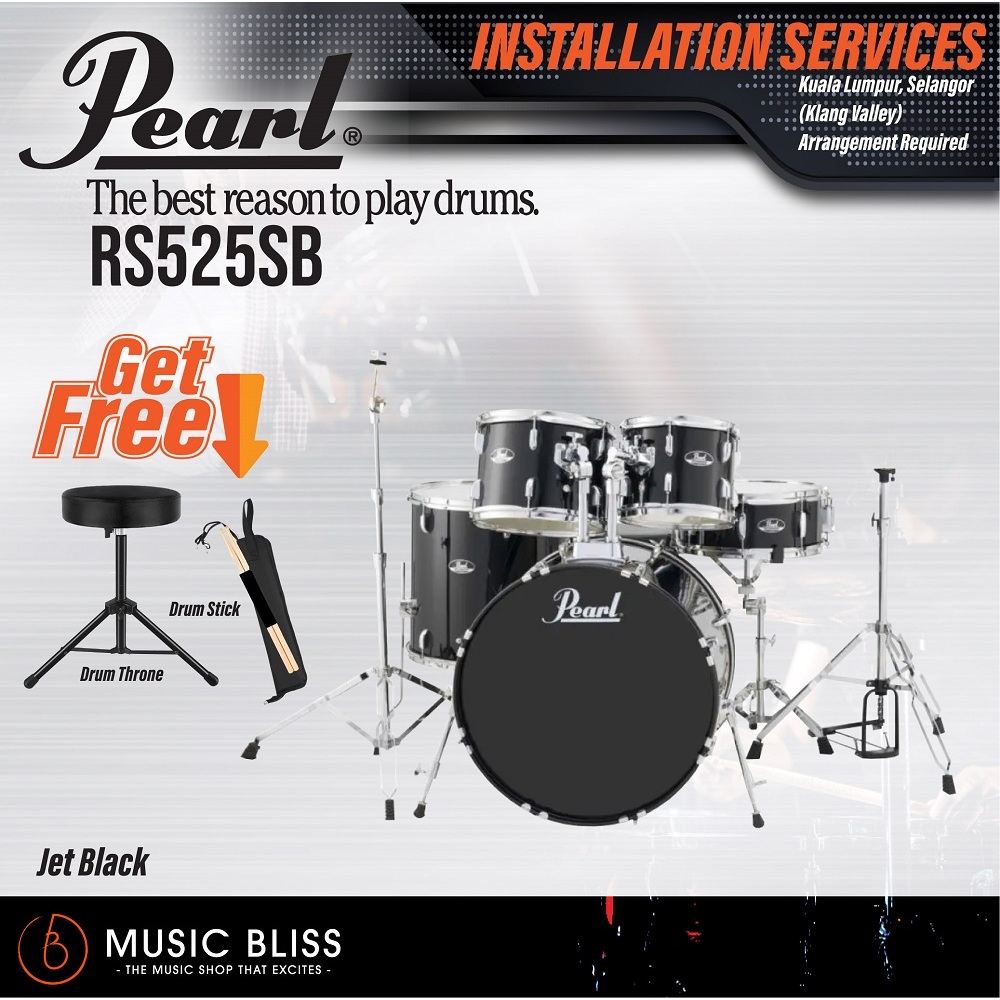 Pearl Roadshow 5-piece Drum Set with Drumstick and Throne - 22" Kick - Jet Black (RS525SB/C ...
