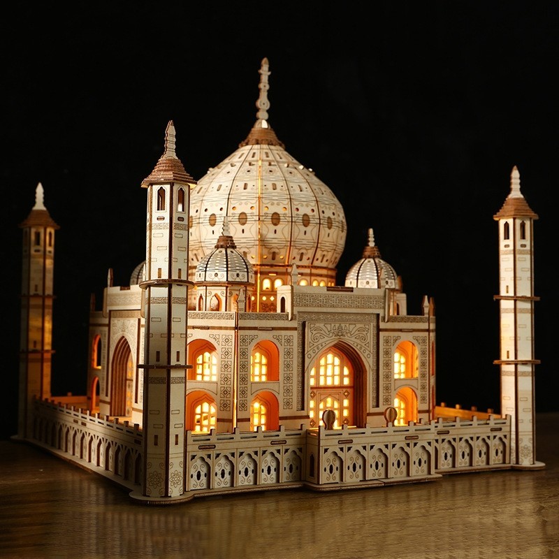 LG904 Taj Mahal Castle 3D Wooden Puzzle Children Educational Toys DIY Handmade with LED Panel ...