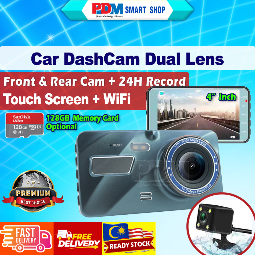 PDM Car Dashcam Front and Rear Car Cam 4" inch HD Touch Screen Wifi ...