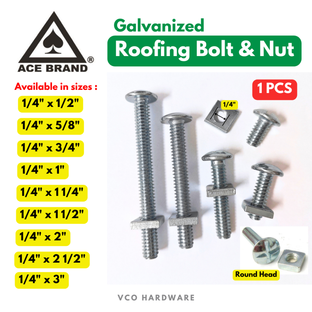 [ 1 PCS ] ACE Brand 1/4" Mushroom Round Head Galvanized Roofing Bolt ...
