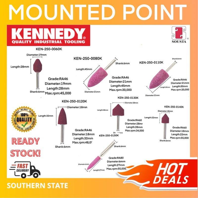 KENNEDY MOUNTED POINT A SHAPE SHANK 6mm KEN2500080K KEN2500120K ...