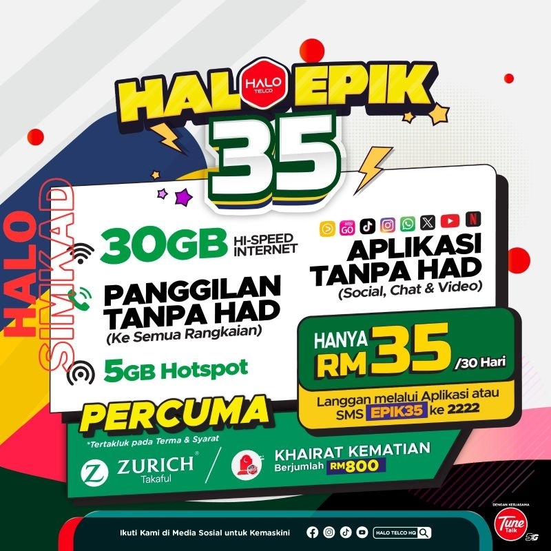 💥130GB HIGH SPEED DATA💥 Pelan HALO EPIK 35 Simkad Halo Telco Tune Talk | Shopee Malaysia