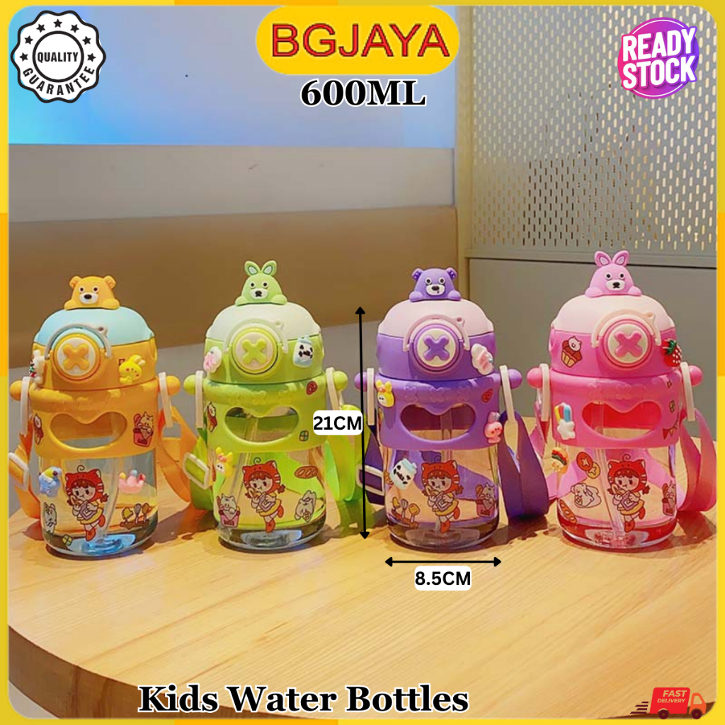 600ML Kids Water Bottle Cute Cartoon Drinking Bottle with Straw and Strap BPA Free Botol Air ...