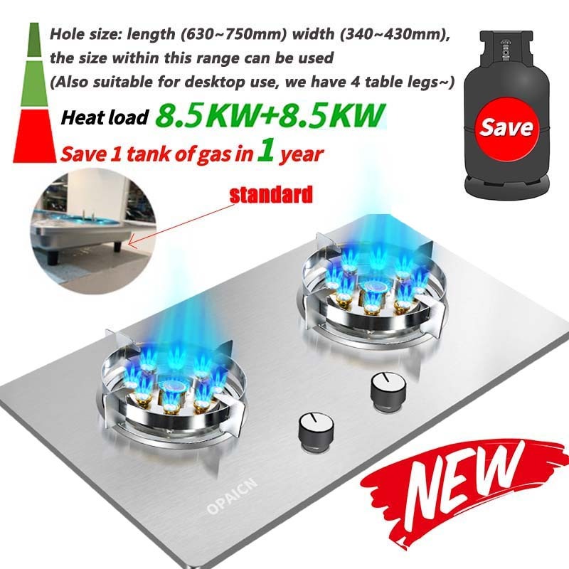 SUKINBO 8.5KW Double Burner Stainless Steel Gas Stove Desktop Embedded ...