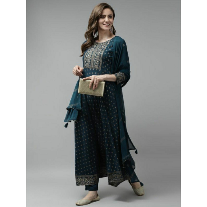 Jm Women Teal Blue Ethnic Motifs Embroidered Thread Work Kurta With