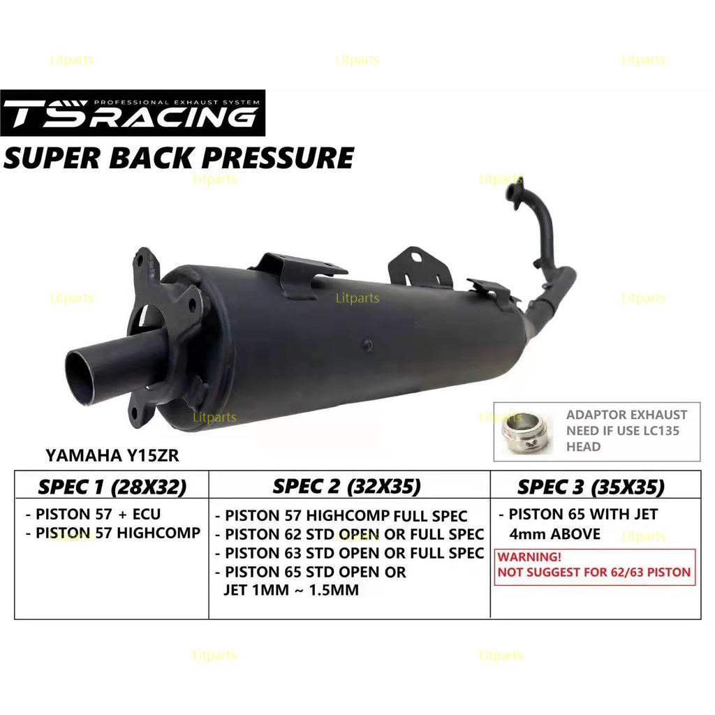 TS RACING Exhaust Super Back Pressure Y15 Y15ZR LC135 V1-V7 RSX150 VF3I Standard Racing Ekzos ...