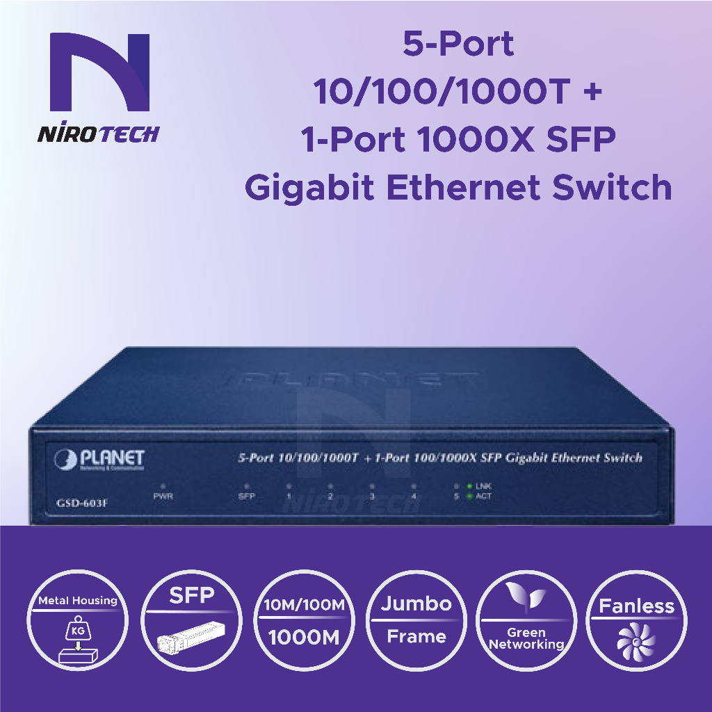 PLANET 5-Port 10/100/1000T + 1-Port 1000X SFP Gigabit Ethernet Switch ...