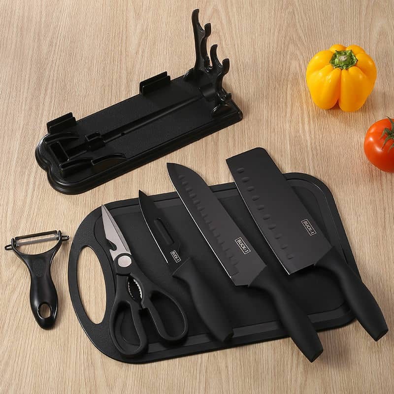7 in 1 Black Steel Nonstick Kitchen Knife Set Dapur Pisau Gunting ...