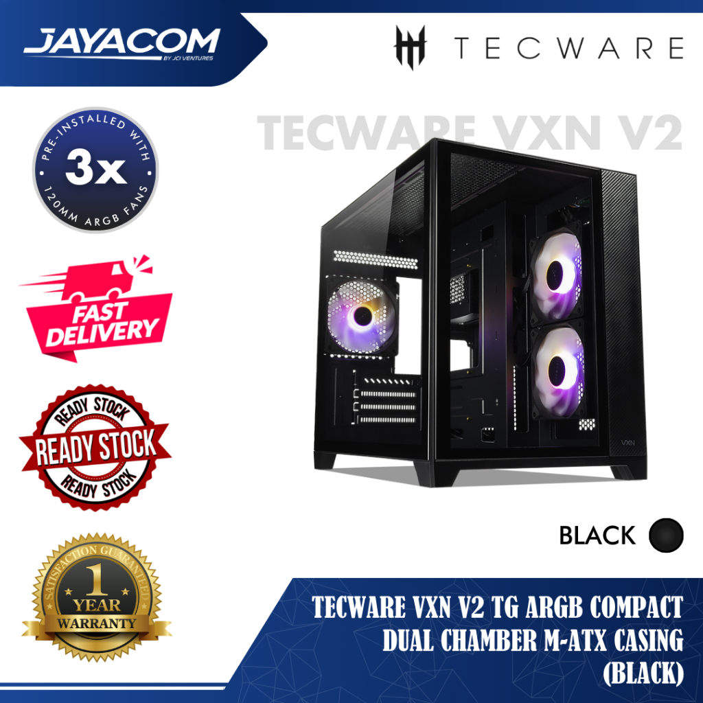 Tecware VXN V2 TG ARGB Compact Dual Chamber M-ATX Casing (Black / White ...
