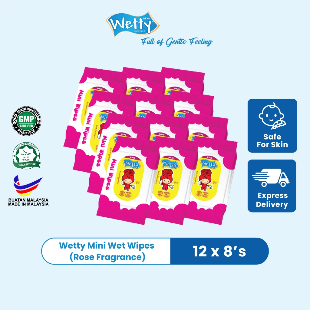 Wetty Mini Cute Wet Wipes Rose Fragrance Tuala Basah Mini Bau Harum Ros Halal Wet Tissue (12 x 8 ...