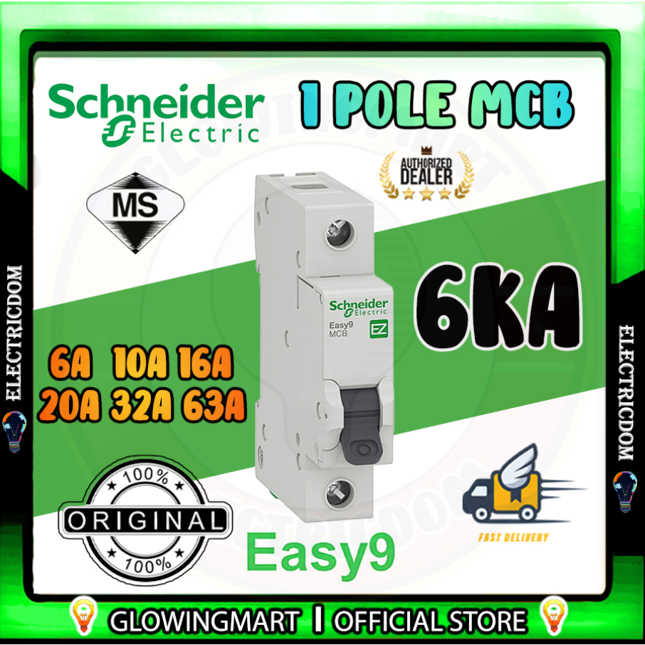 Schneider Easy9 6A 10A 16A 20A 32A 1 Pole MCB 6kA / 1POLE MCB SIRIM APPROVED / Miniature Circuit ...