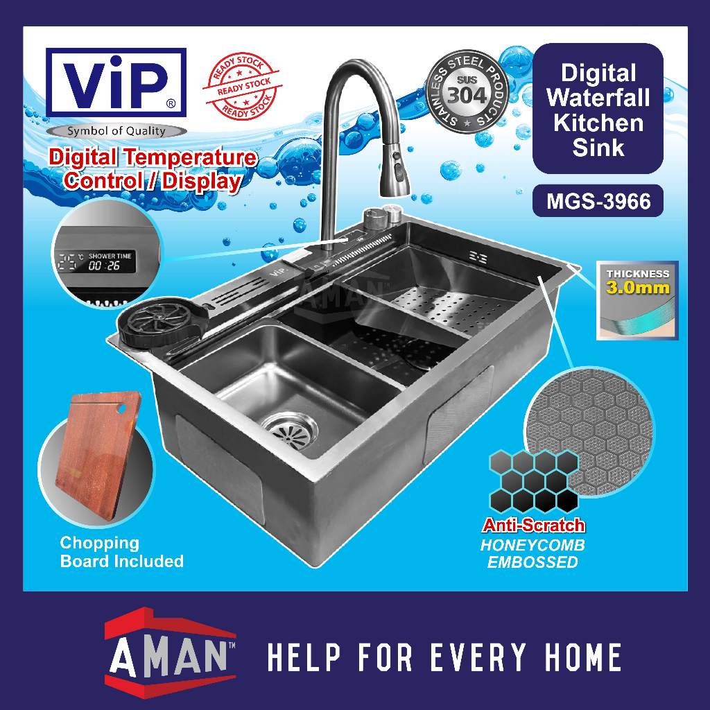 ViP Waterfall Kitchen Sink SUS 304 Stainless Steel Single Bowl Digital ...