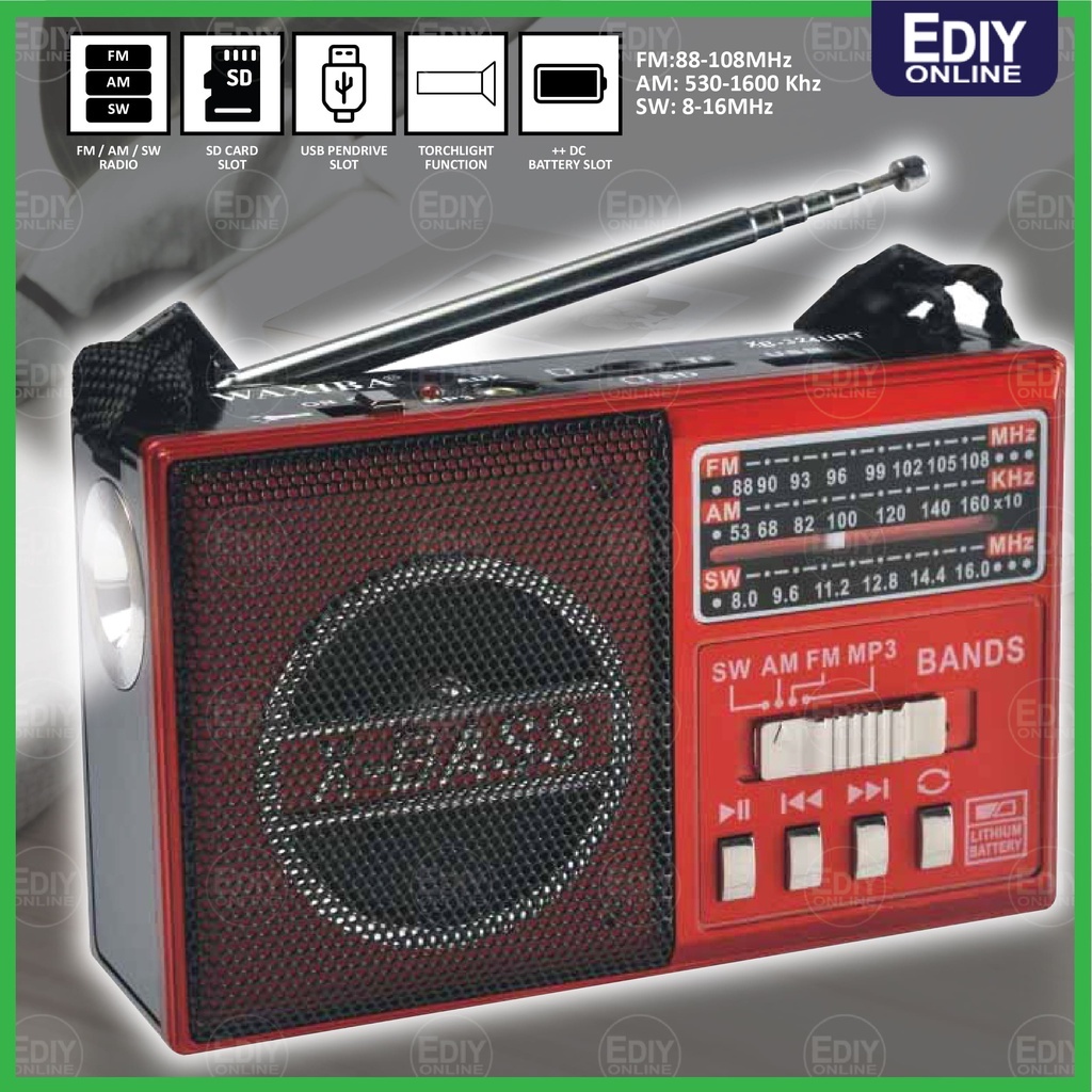 WAXIBA Rechargeable Radio Speaker + LED Torch Light AM FM SW 3 Band SD ...