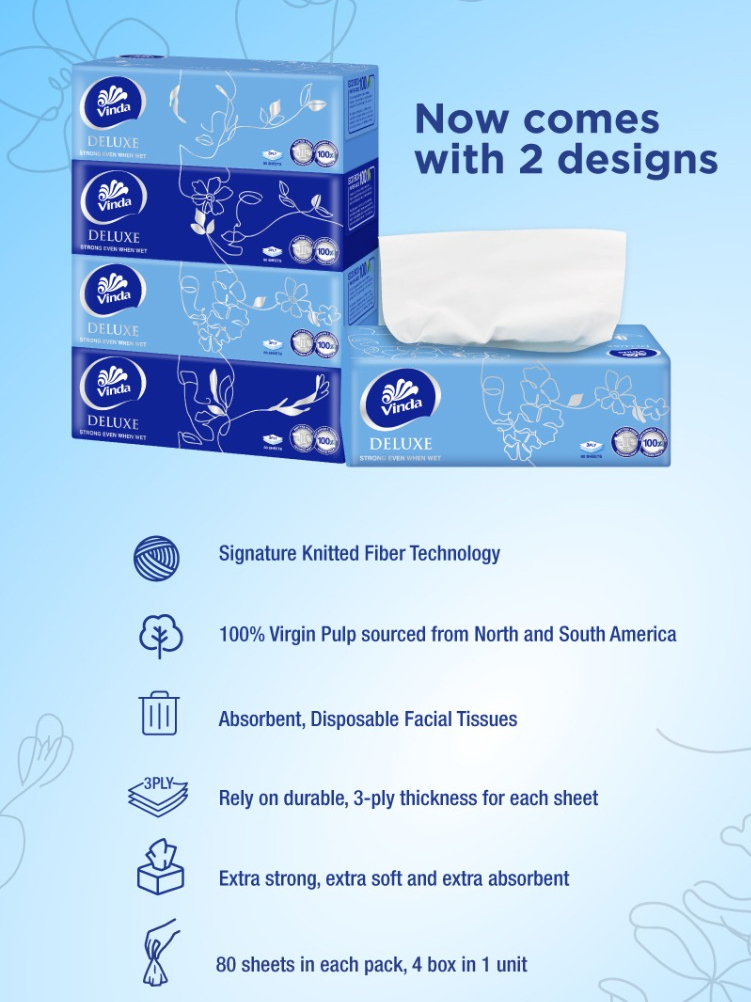 Vinda Deluxe BOX Pack Facial Tissue ASSORTED unscented Blue (80s x 4 ...