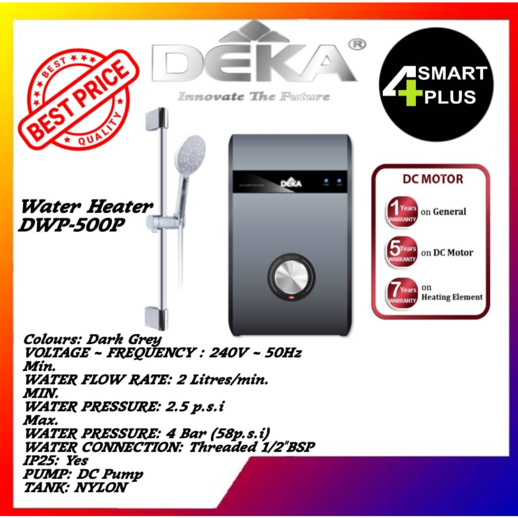 DEKA INSTANT WATER HEATER DC PUMP PRO 500P 3.8KW HAND SHOWER SET ...
