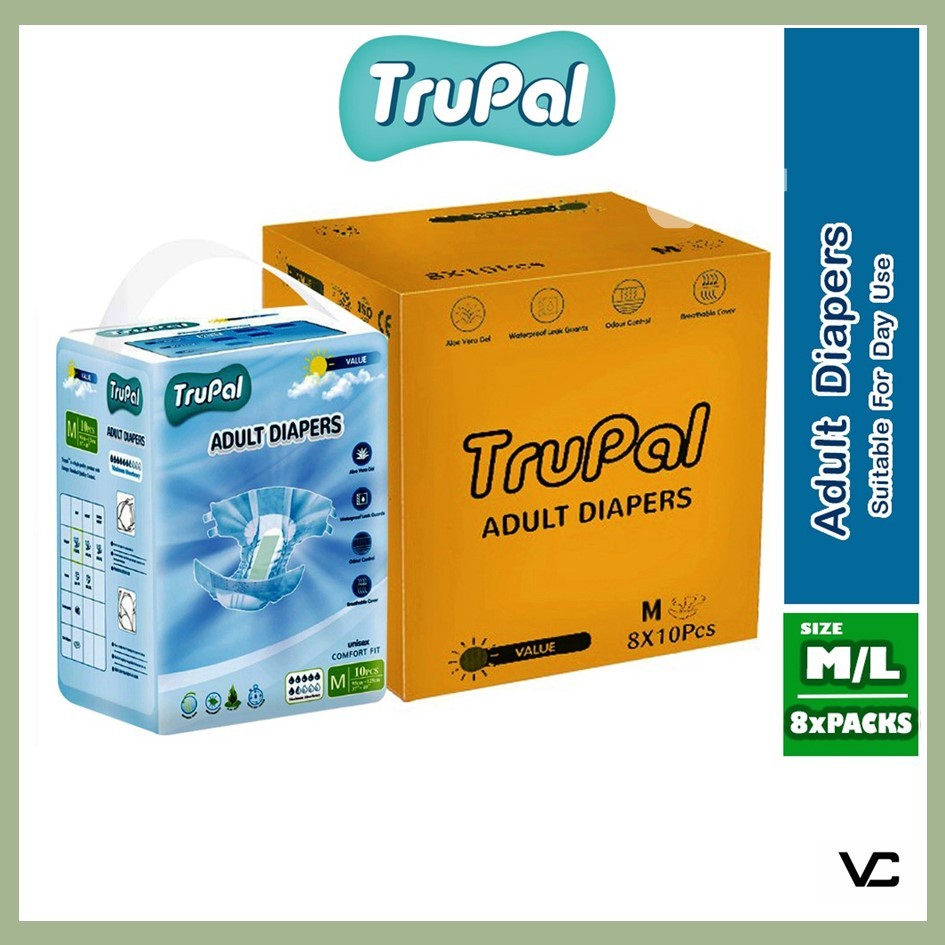 [EXP: 2027] (1 CARTON) TRUPAL VALUE ADULT DIAPERS 10'S M/ L X 8 PACKETS ...