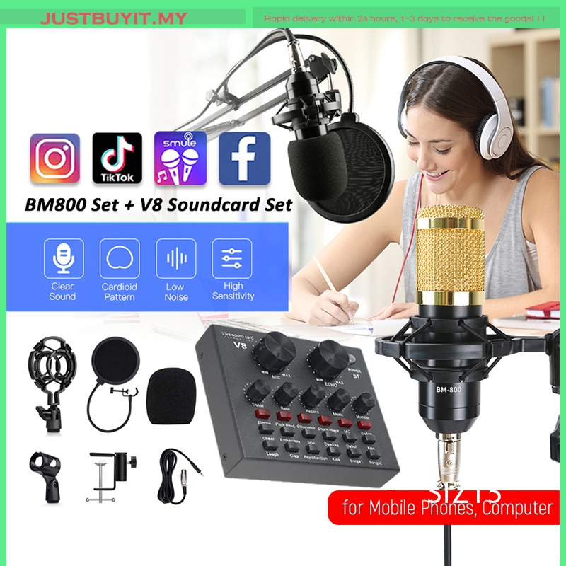 BM800 V8 Set Mic Professional Condenser Studio Recording Live Microphone Phone Network red man ...