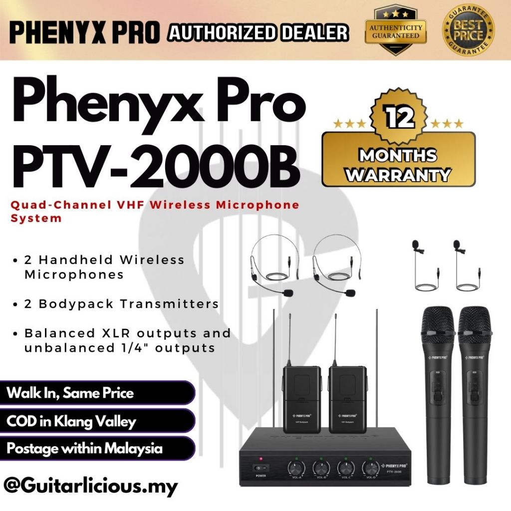 Phenyx Pro PTV-2000B Quad-Channel VHF Wireless Microphone System - 2 ...