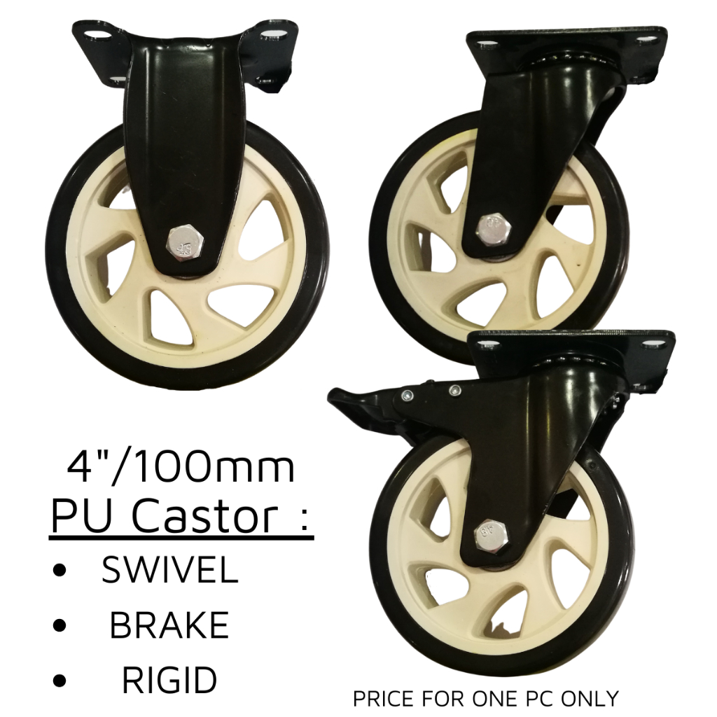 Roda Troli Roda Kabinet Laci 4"/100mm PU Castor Wheels 300 KG LOAD ...
