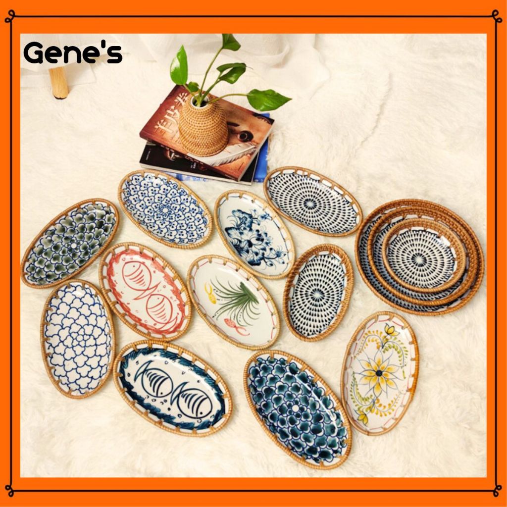 Woven Rattan Ceramic Plate Serving Food Plate Ceramic Handmade Serving ...