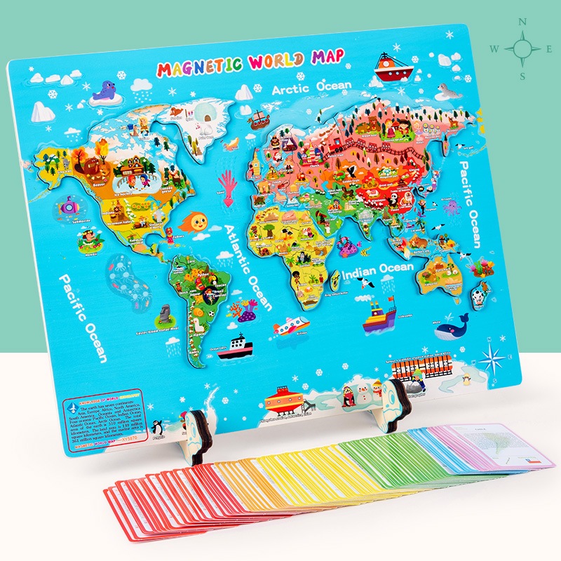 Montessori Early Educational Wooden Magnetic World Map with 184 ...