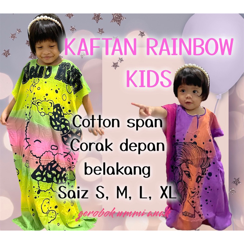 KAFTAN KELAWAR KIDS COTTON SPAN CORAK KARTUN RAINBOW SAIZ S M L XL BAJU ...