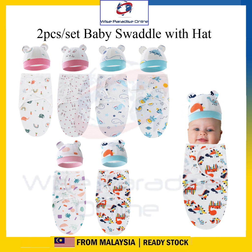 2pcs Set Baby Swaddle with Hat Newborn Baby Wrap Bedung Bayi Cotton ...