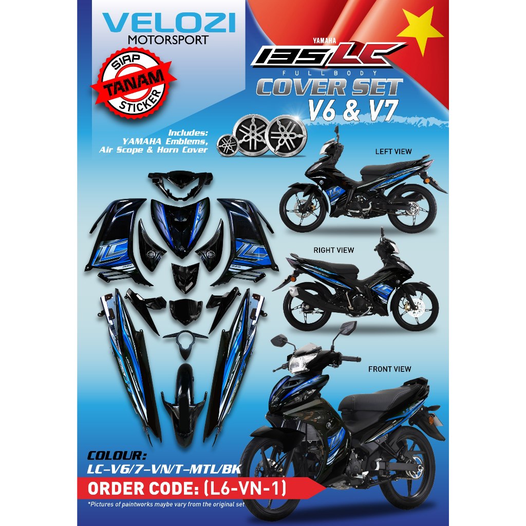 COVERSET YAMAHA LC LC135 V6 V7 MATELIC BLACK VIETNAM EDITION L6-VN-1 ...