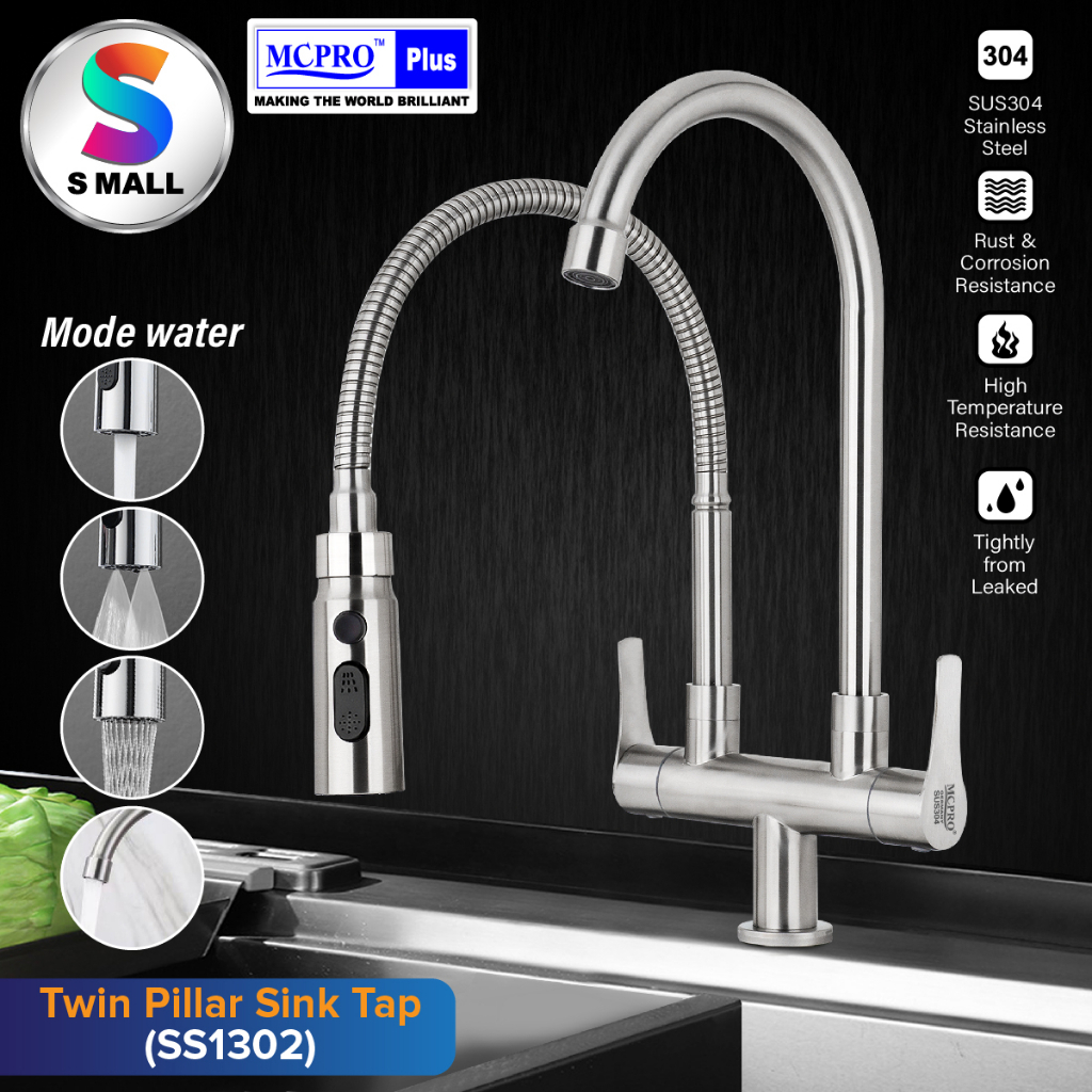 SUS304 WALL PILLAR TWIN UNIVERSAL ROTATE SINK TAP SS1302 / SS1320 / BIG ...