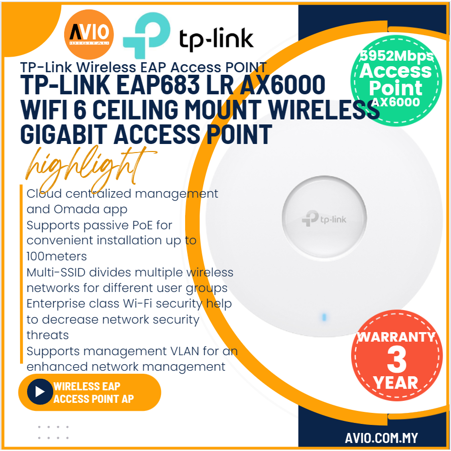 TP-LINK AX6000 Ceiling Mount Dual Band 5952Mbps Wifi Wi-Fi 6 IP Network Access Point EAP683 LR ...