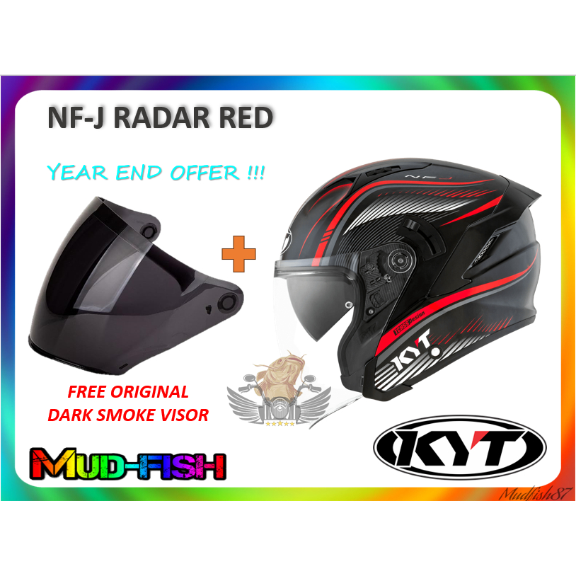 KYT NFJ RADAR RED HELMET NF-J (DOUBLE VISOR) + FREE ORIGINAL DARK GREY ...