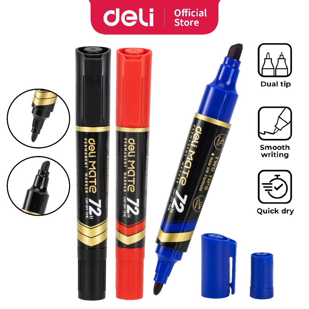 Deli Mate Permanent Marker Double Tip Low Odor Fast Dry Bullet & Chisel ...