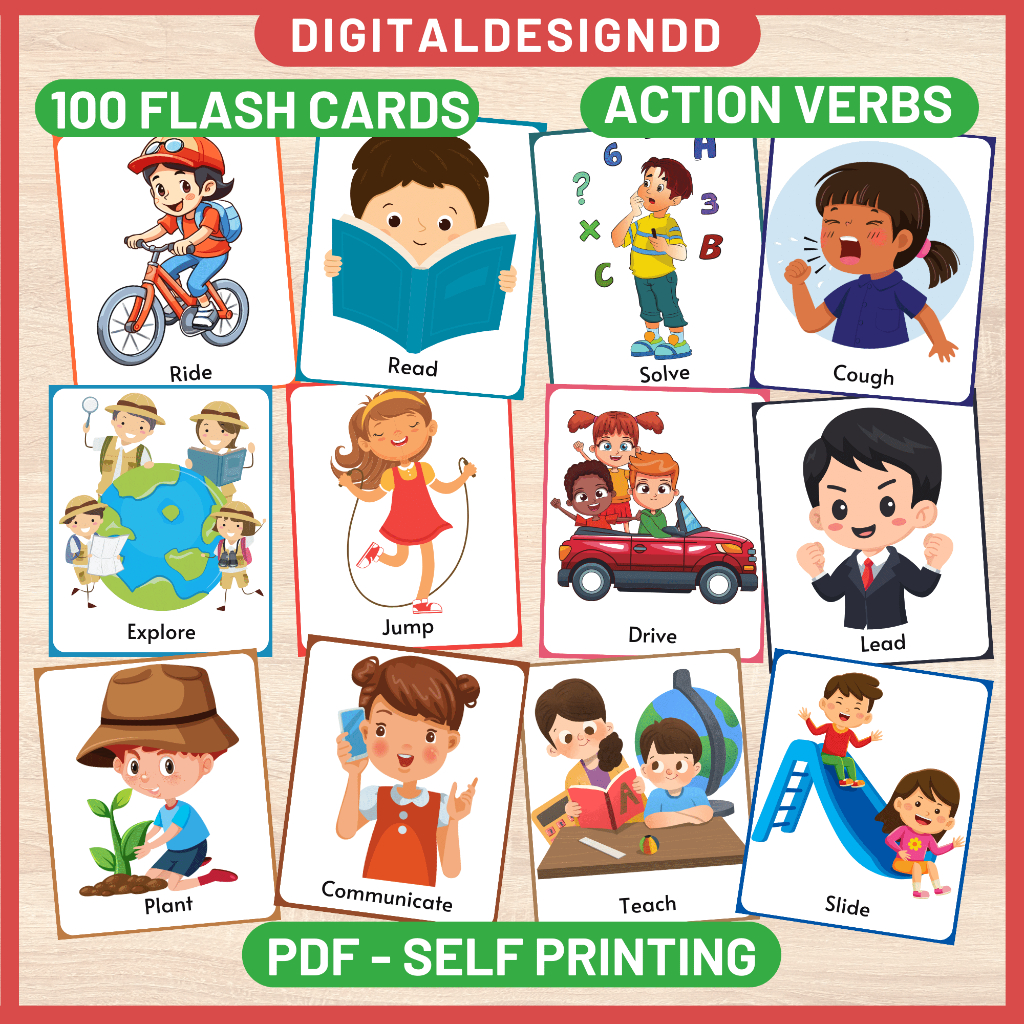 100 ACTION VERBS PDF Flash Cards for baby kids preschool toddler Kad ...