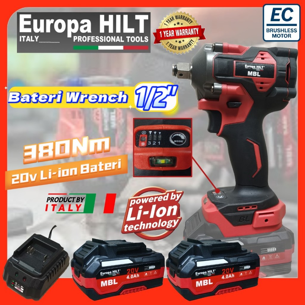 Europa HILT ITALY MBL20IW-380 20v Cordless BrushLess Impact Wrench ...