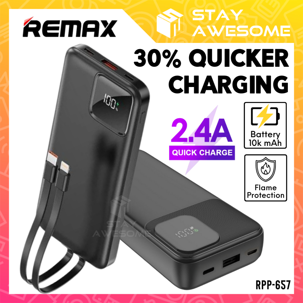 REMAX Built In Type C IP Cable Quick Charging 2.4A Slim Powerbank PD 10000mAh With Digital ...