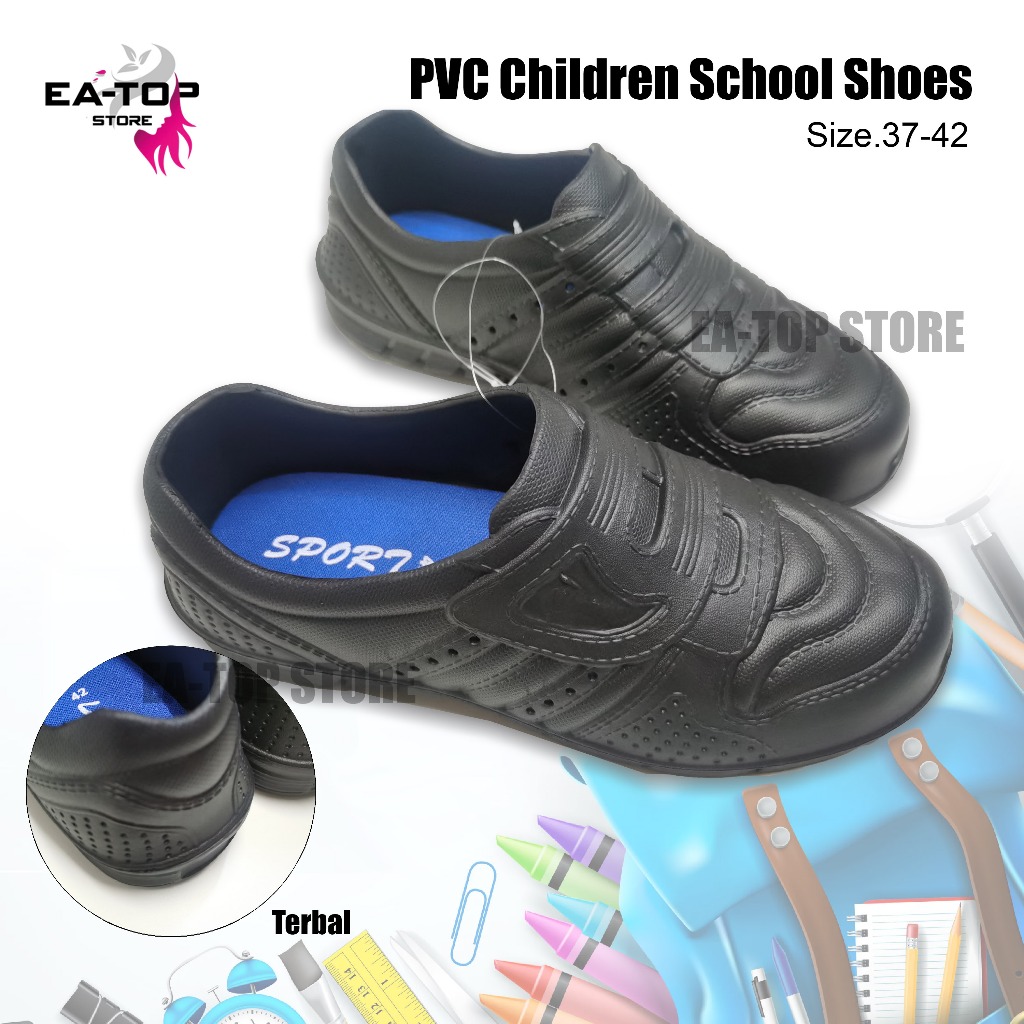 Terbal!！EVA Plastic Children School Shoes 355 Size Besar Black Kasut ...