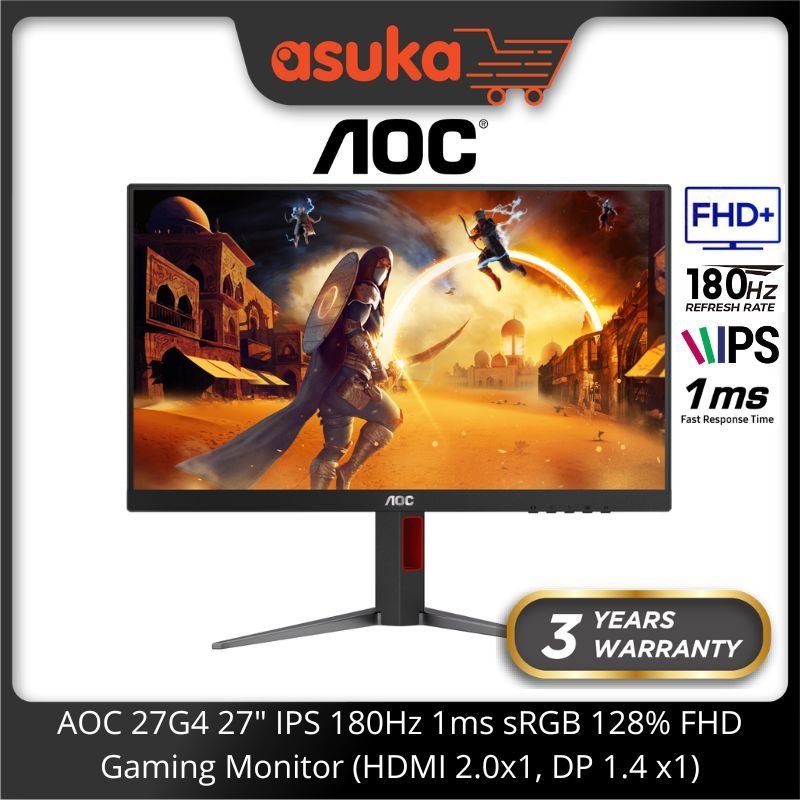 AOC 27G4 27" IPS 180Hz 1ms sRGB 128% FHD Gaming Monitor (HDMI 2.0x1, DP ...