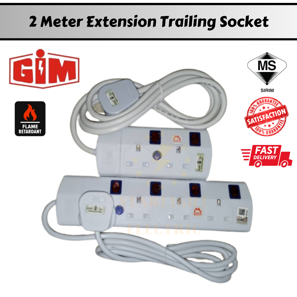 NEW GIM [2METER] 2/3/4/5GANG&WAY EXTENSION TRAILING POWER SOCKET PLUG ...