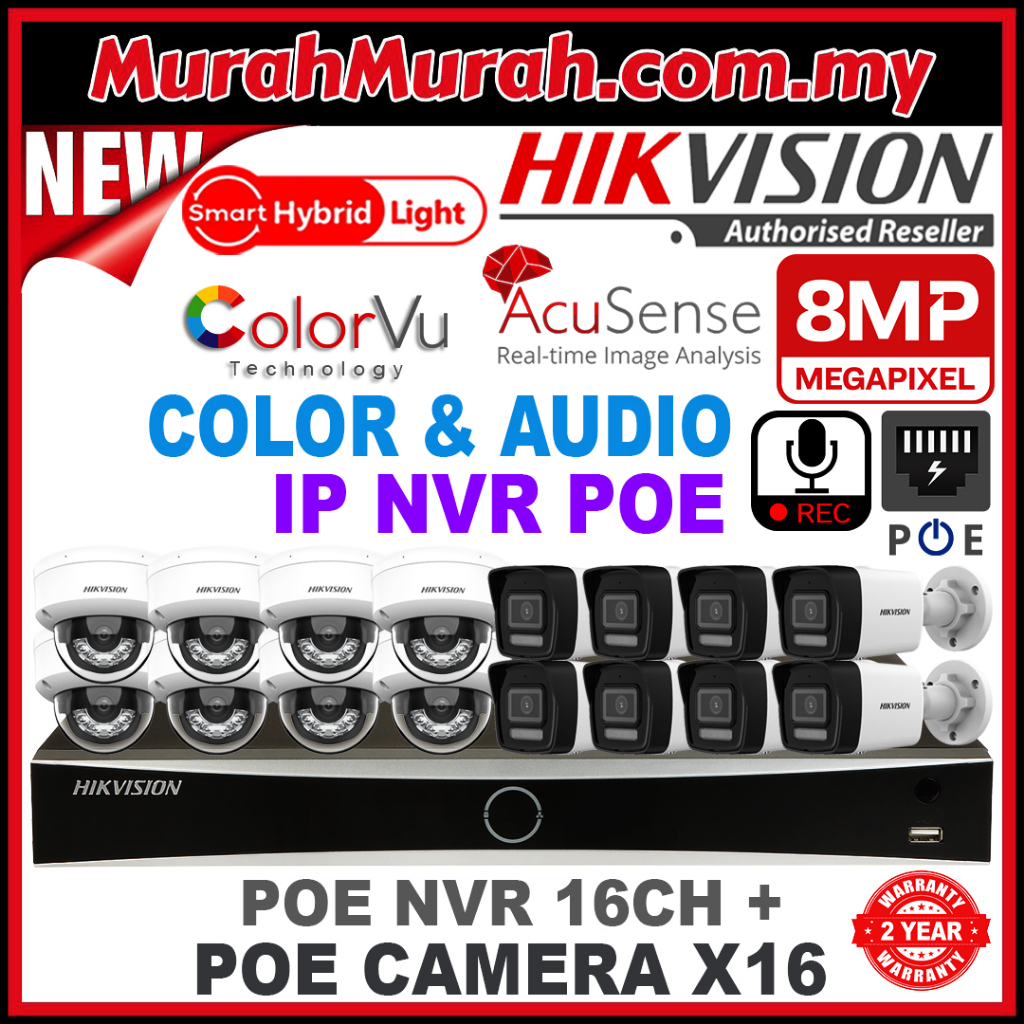 HIK HIKVISION 🌟16 Channel🌟 8.0MP Smart Hybrid Light POE + COLORVU + MIC ...