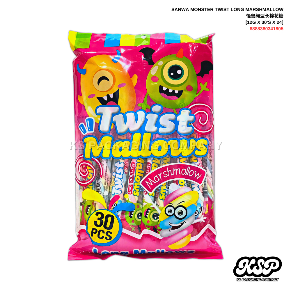 12g x 30pcs Sanwa Monster Twist Long Marshmallows 怪物扭长棉花糖 Halal ...