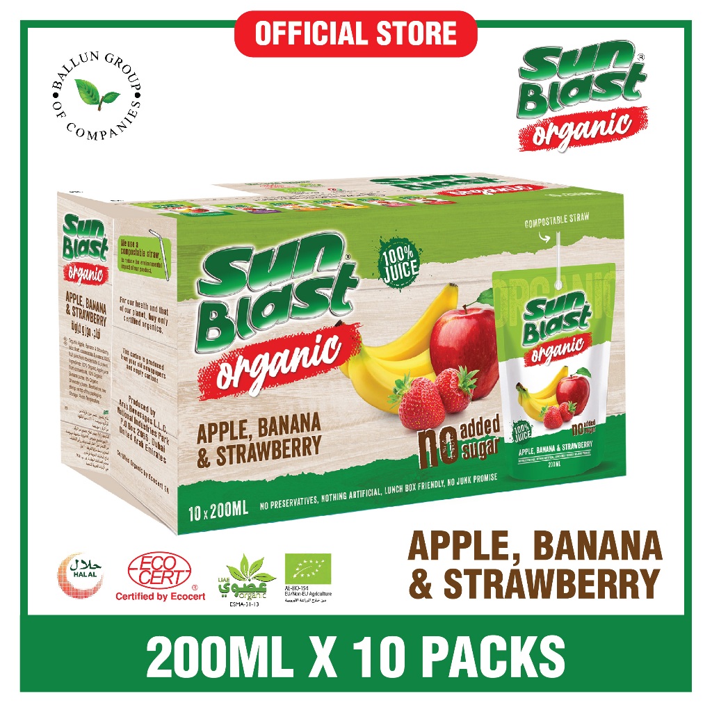 Sunblast 100% Organic Apple, Banana, Stawberry Juice (200ml x 10 packs ...